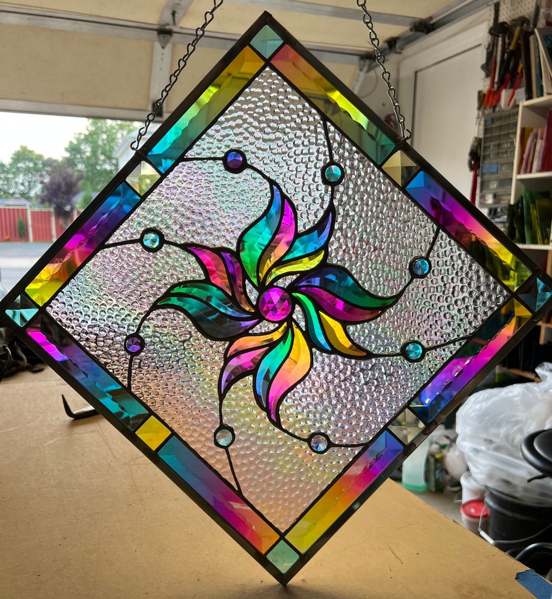 Dichroic Stained Glass Suncatcher: Rainbow Starburst Window Panel - Etsy