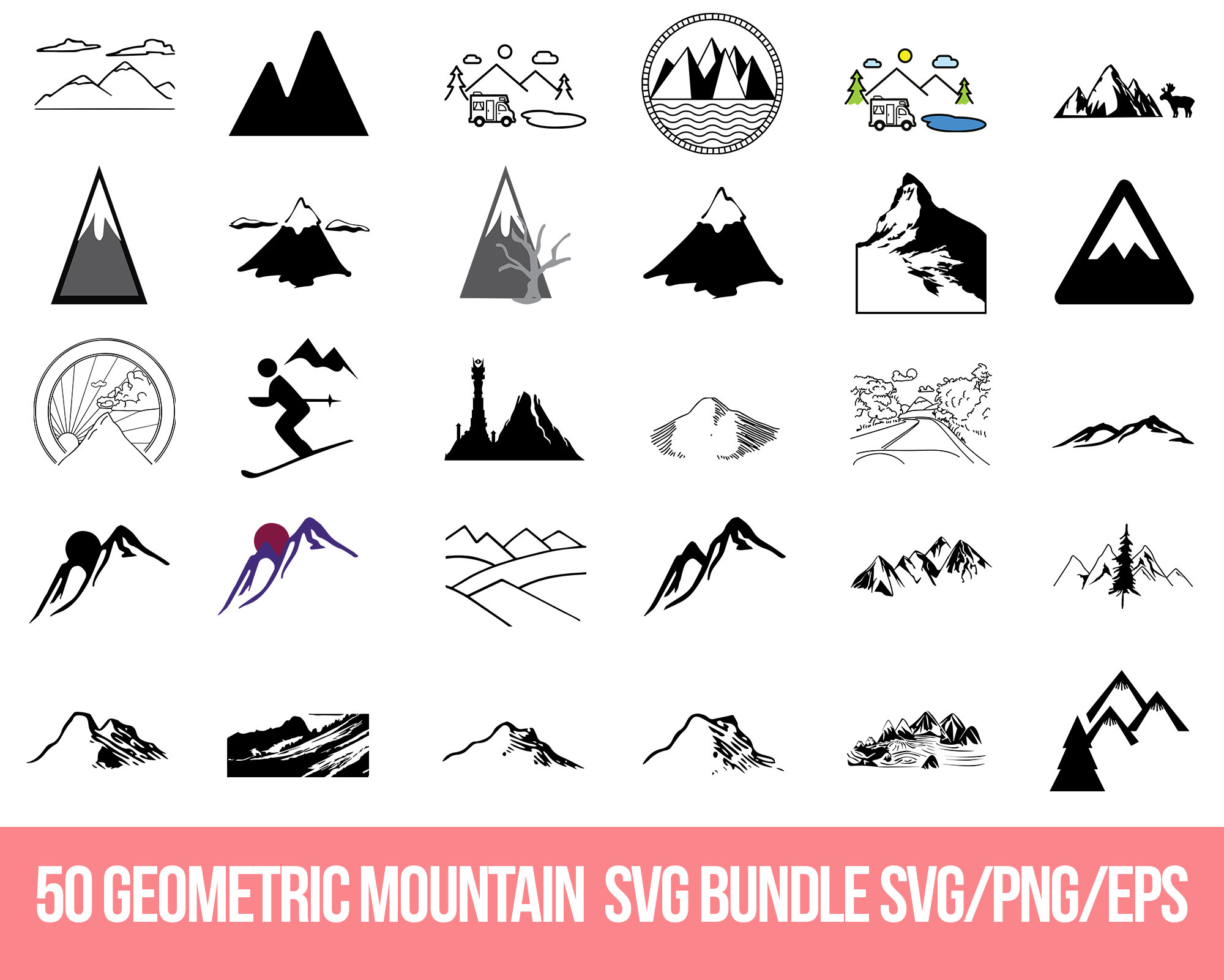 50 Mountain Svg Bundle Hand Drawn Geometric Mountain Svg Camping ...