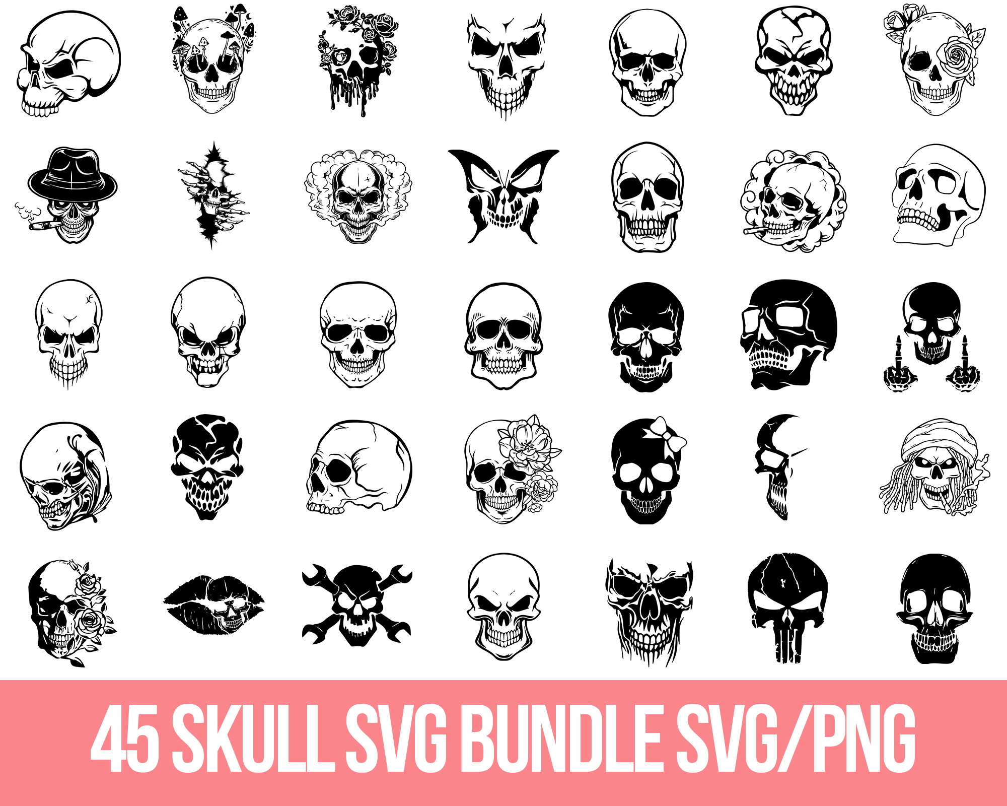 45 Skull Svg Bundle Sublimation Files Skull Silhouette Svg - Etsy