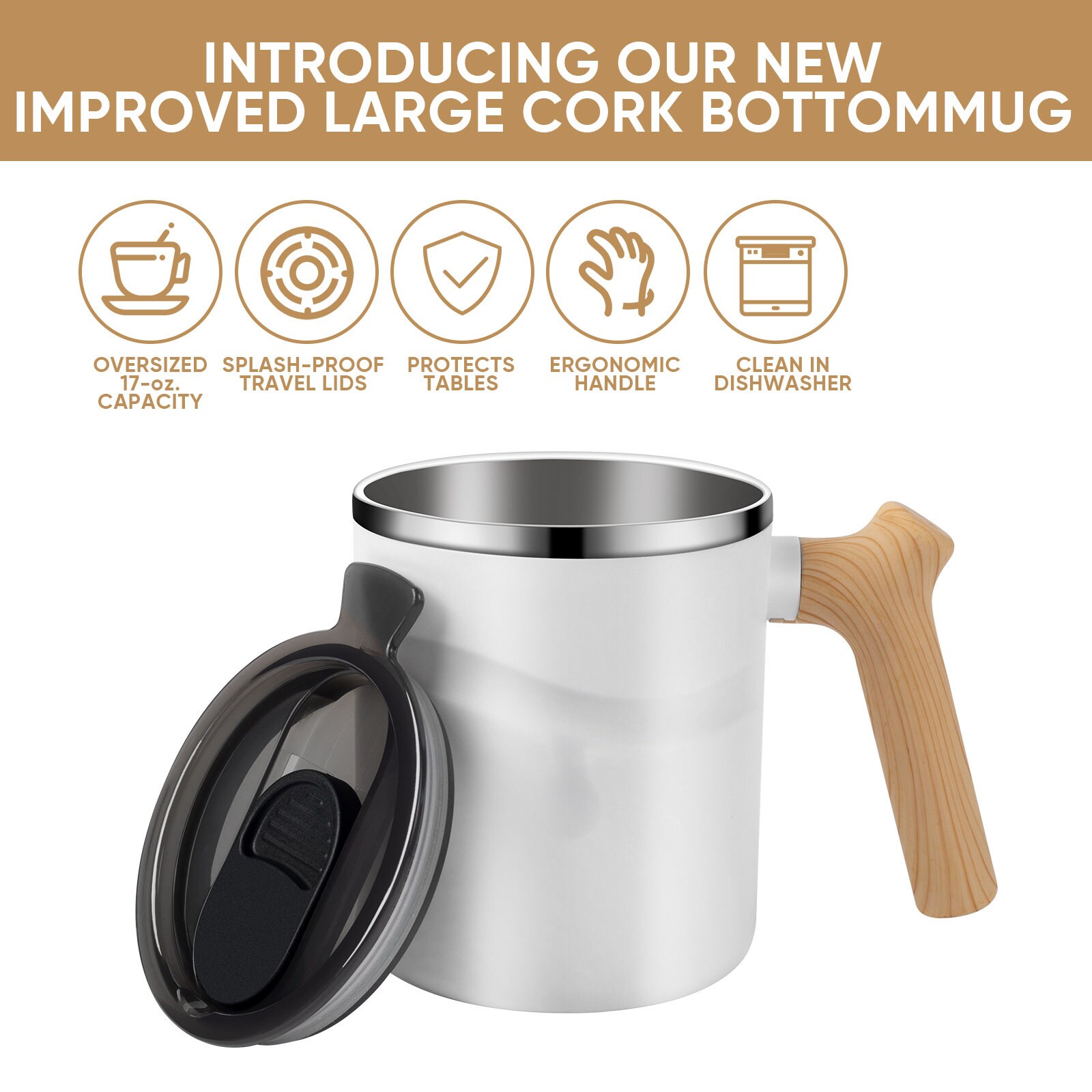 White Wooden Handle Large Capacity Coffee Mug, Mug, Wooden Handle ...