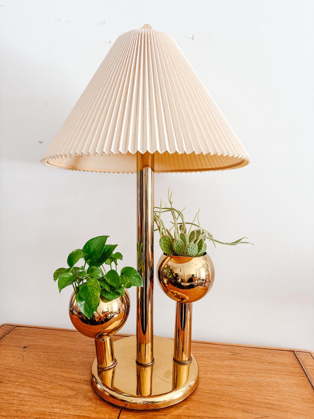 1970s Brass Planter Table Lamp With Dual Globe Planters and Pleated ...