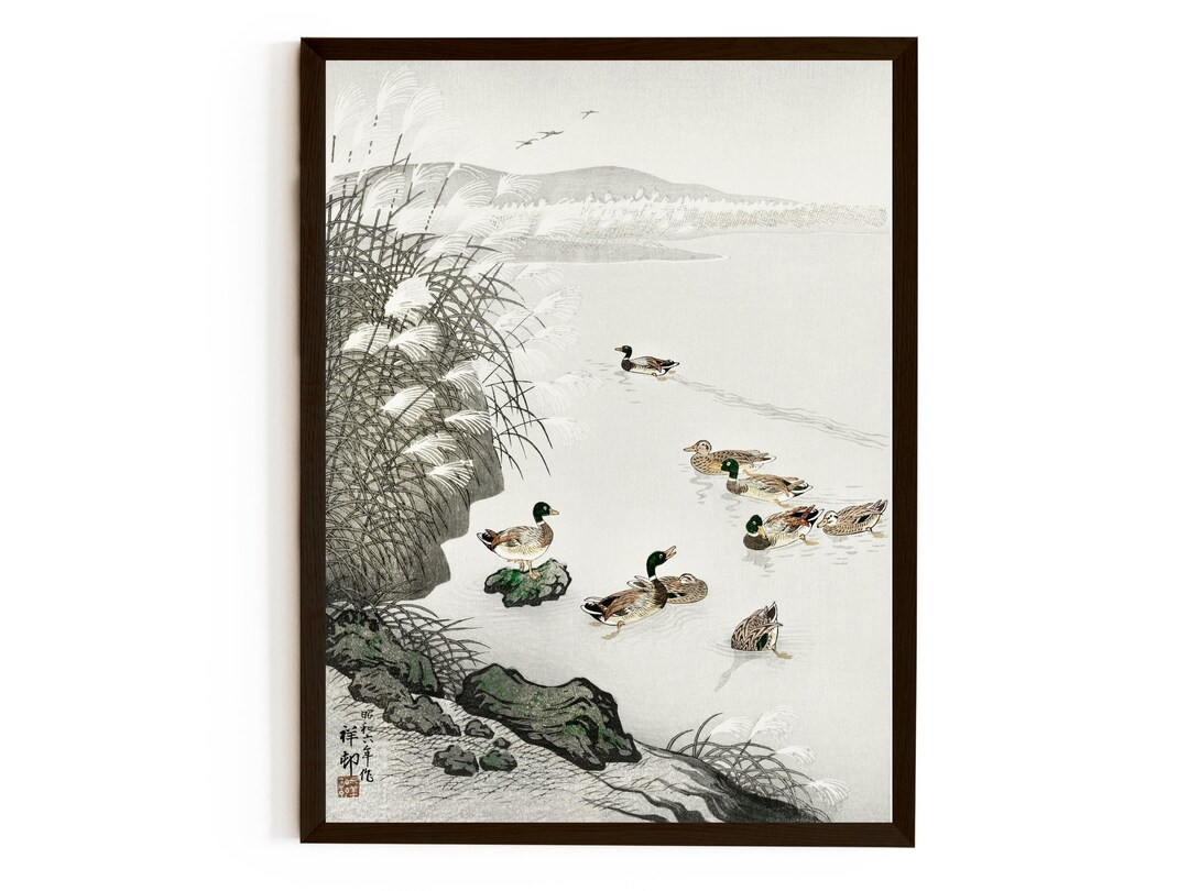 Japanese Vintage Ducks Art Print Set | Woodblock Print Style Duck Pair ...