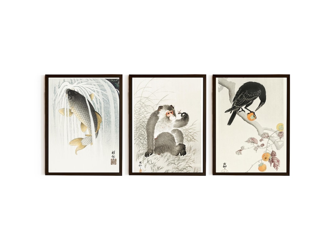 Japanese Woodblock Prints Set of 3 , Carp, Monkey, and Crow , Vintage ...