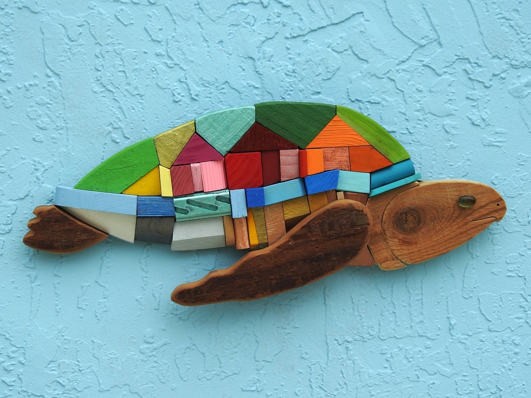 Colorful Big Block Sea Turtle Wood Art Sideways Turtle Wood Intarsia ...
