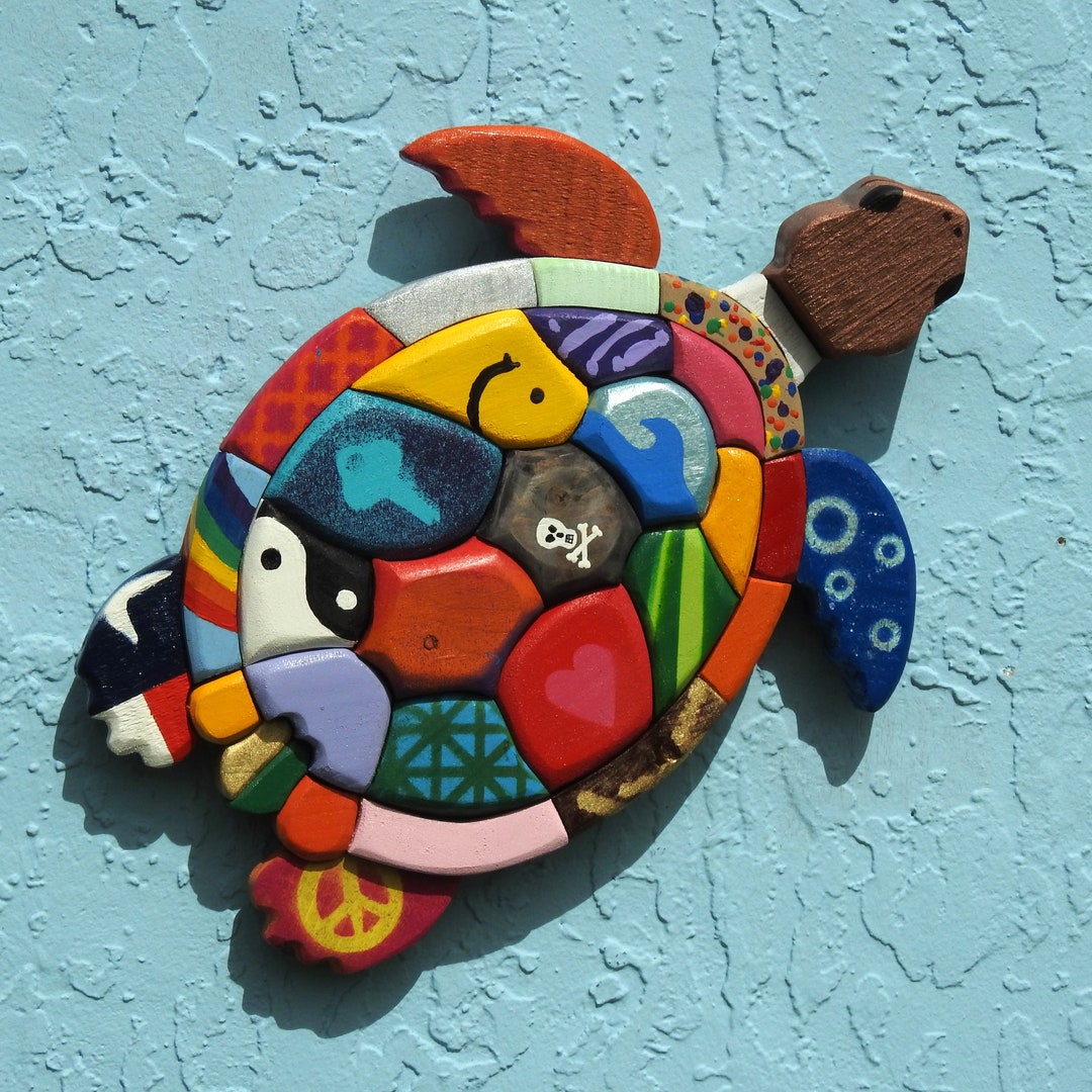 Small Sea Turtle Wall Art - Painted Big Blocks - Intarsia - Beach House ...