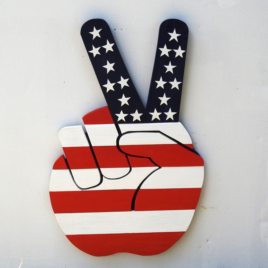 Large Peace Fingers Wall Art - Recycled Wood - Red White & Blue - Stars ...