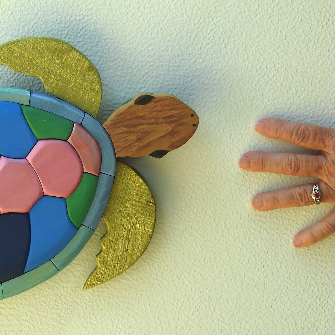 Painted Small Sea Turtle Wall Art - Big Blocks - Intarsia - Beach House ...