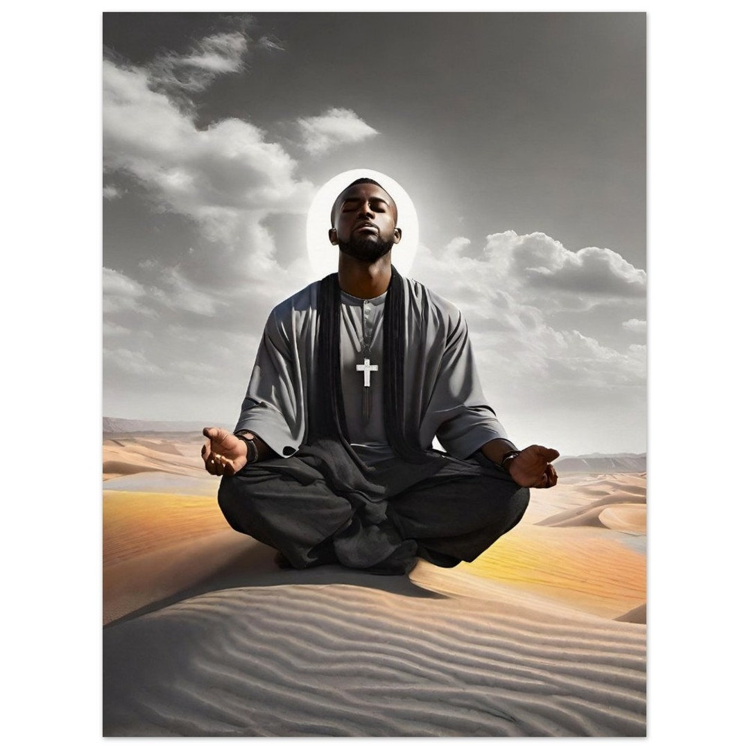 Wooden Frame, Wall Art Prints, Trendy Black Man Meditation Prayer Room ...