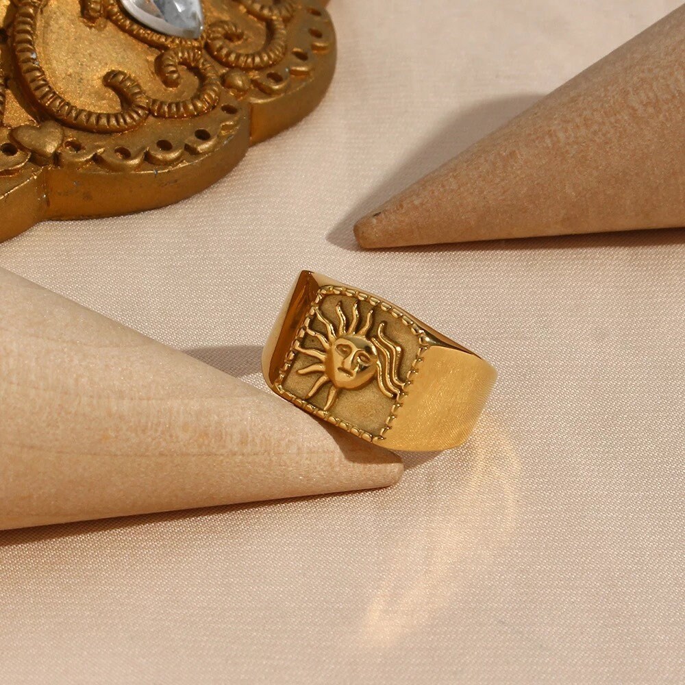 Heraldry Sun Face Signet Ring Goddess Chunky Gold Square - Etsy