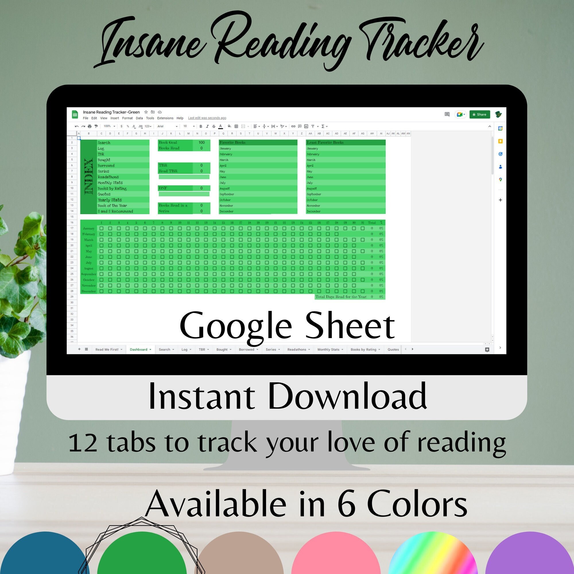 Green Insane Reading Tracker Book Log Spreadsheet in Google Sheets - Etsy