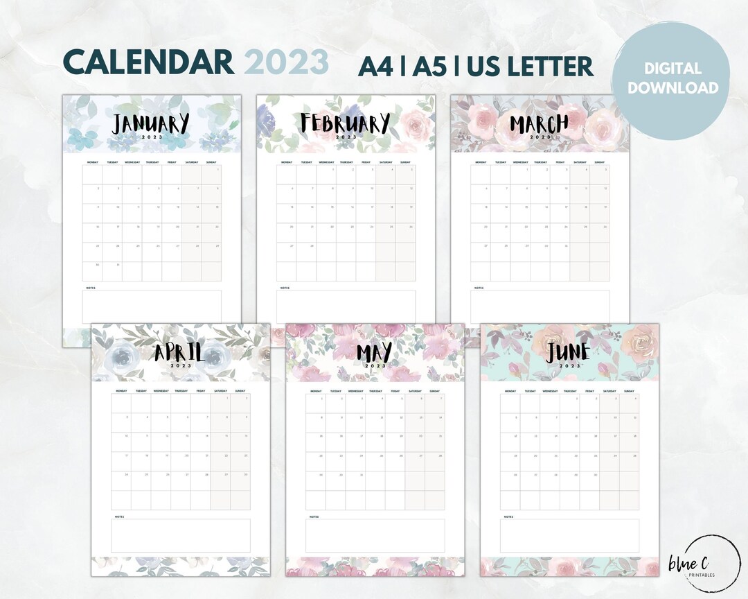 2023 Watercolor Flowers Digital Calendar Printable Watercolor Florals ...