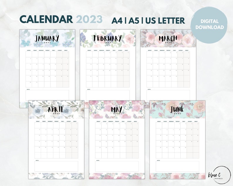 2023 Watercolor Flowers Digital Calendar Printable Watercolor Florals ...