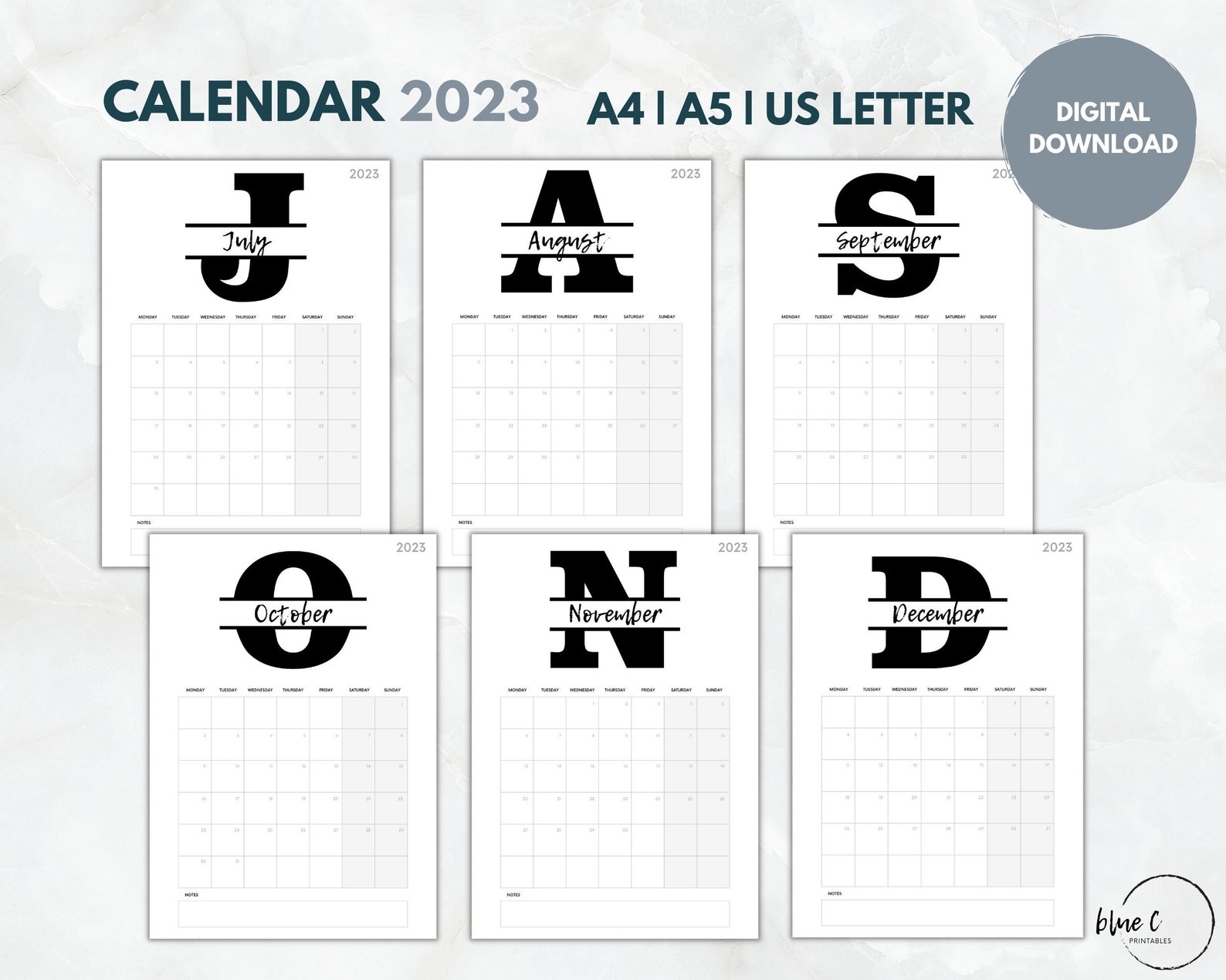 2023 Monogram Digital Calendar Printable Monogram Monthly - Etsy