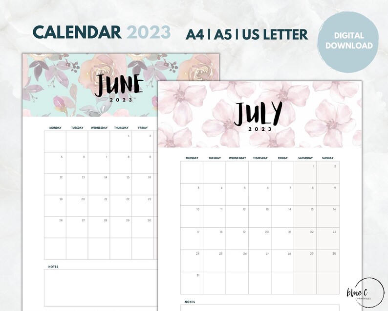 2023 Watercolor Flowers Digital Calendar Printable Watercolor Florals ...