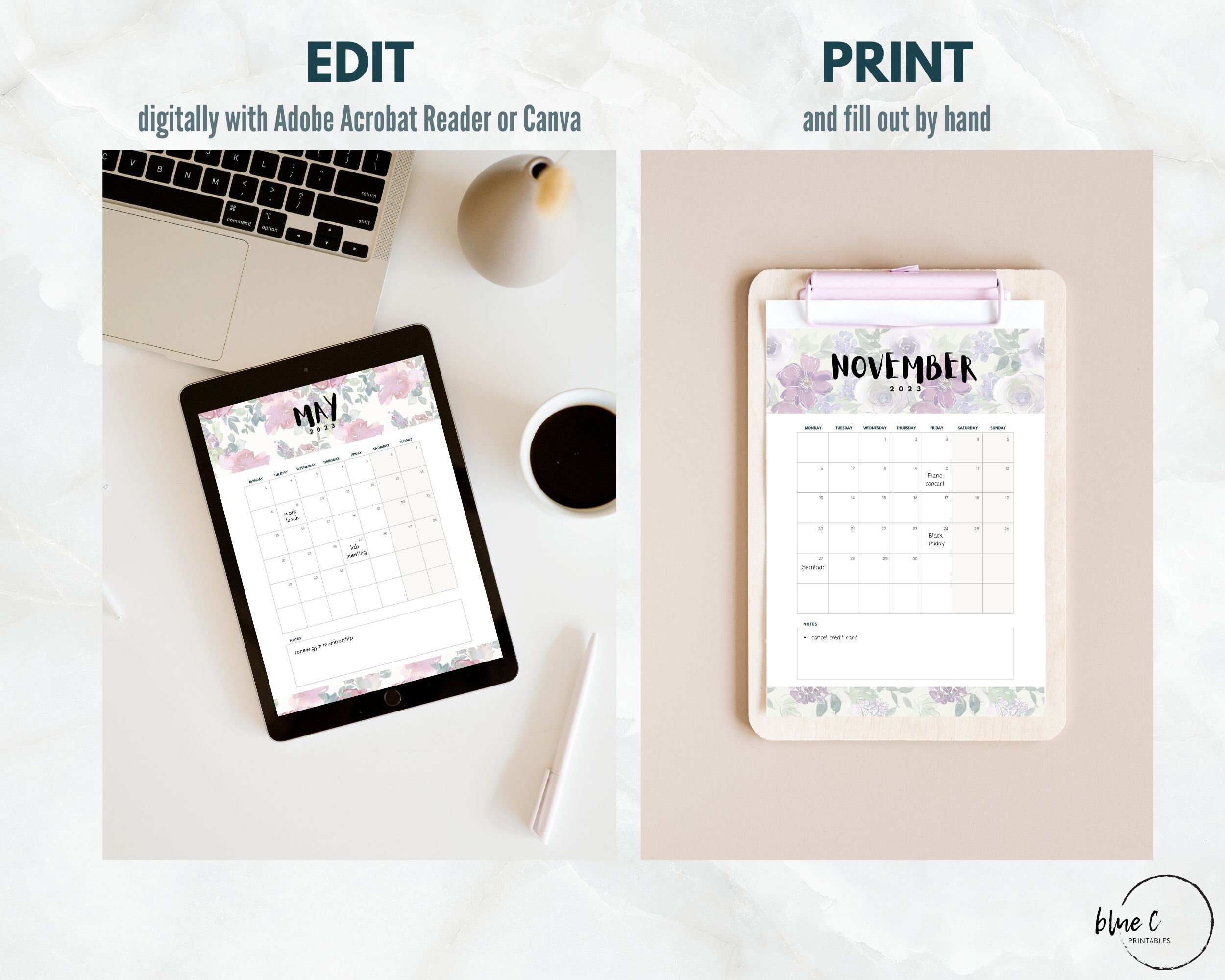 2023 Watercolor Flowers Digital Calendar Printable Watercolor Florals ...