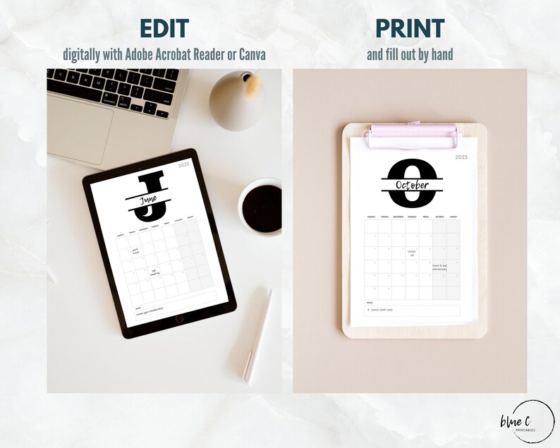 2023 Monogram Digital Calendar Printable Monogram Monthly - Etsy