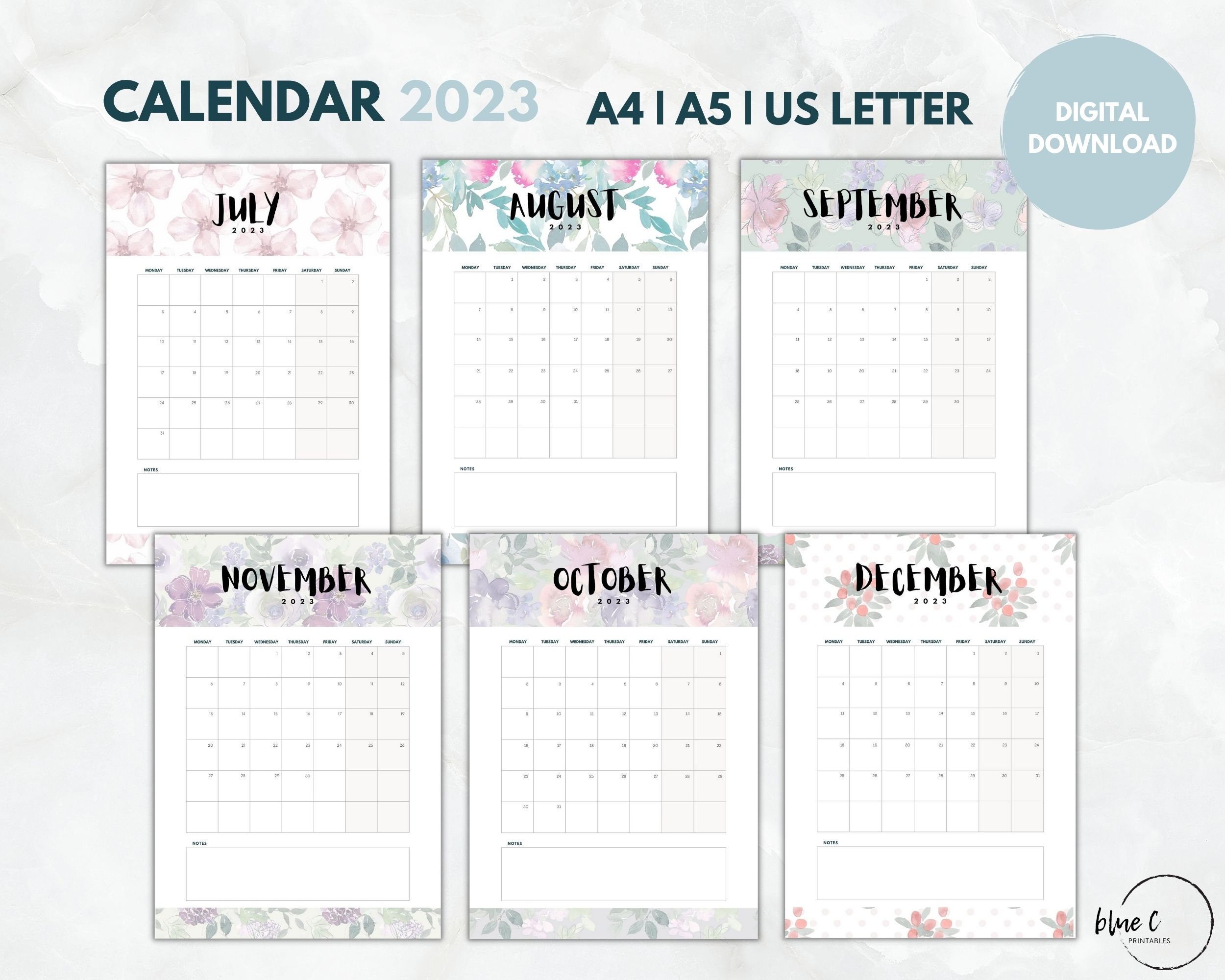 2023 Watercolor Flowers Digital Calendar Printable Watercolor Florals ...