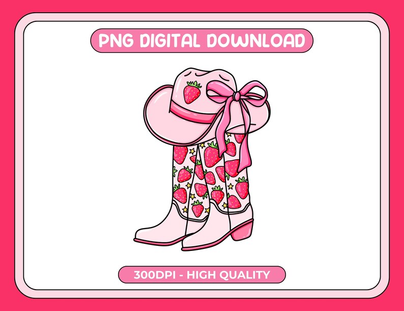 Strawberry Cowboy Boot PNG // Coquette Pink Bow Aesthetic Clip Art for ...