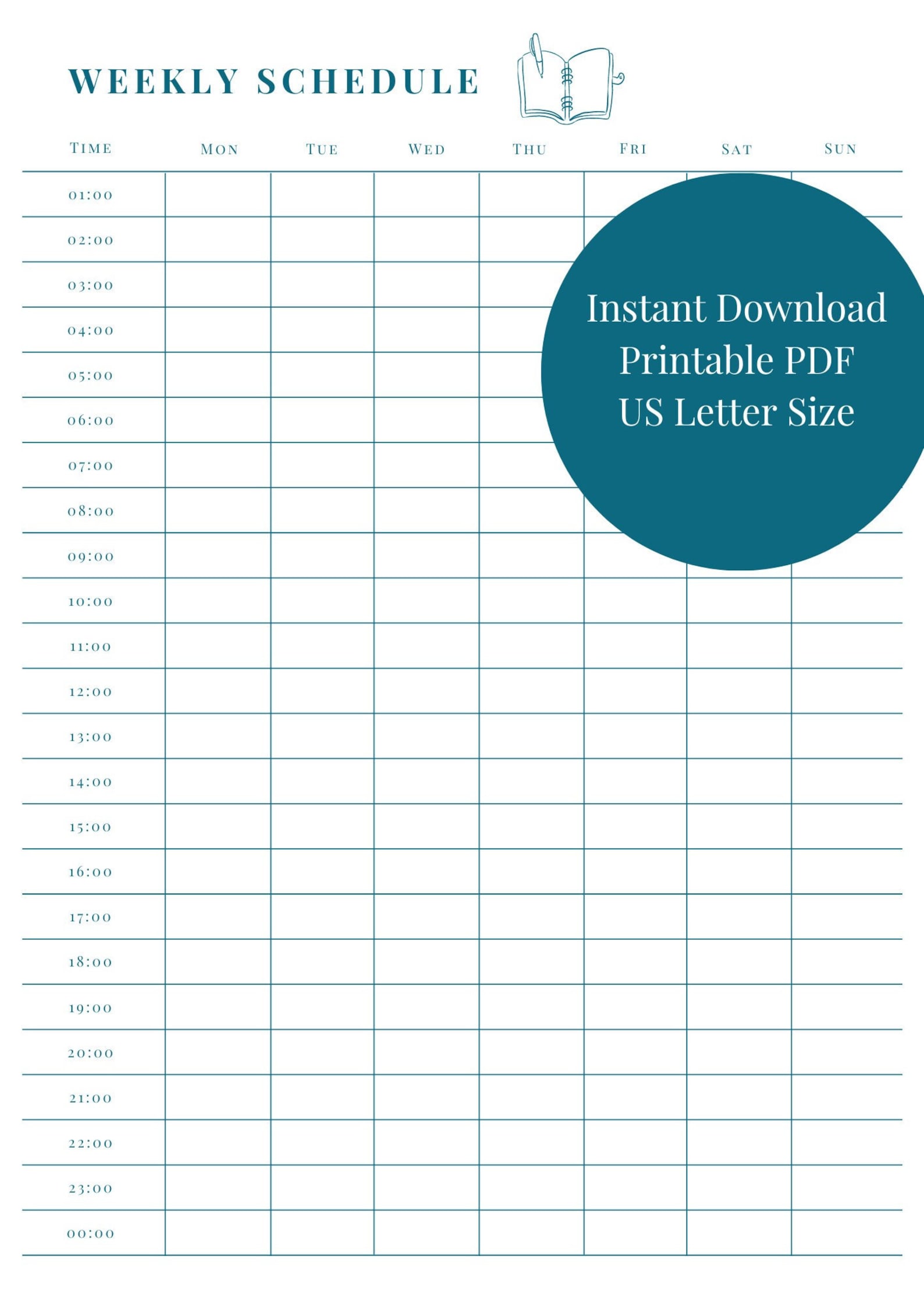 Weekly 24 Hour Schedule Weekly Planner Digital Instant - Etsy