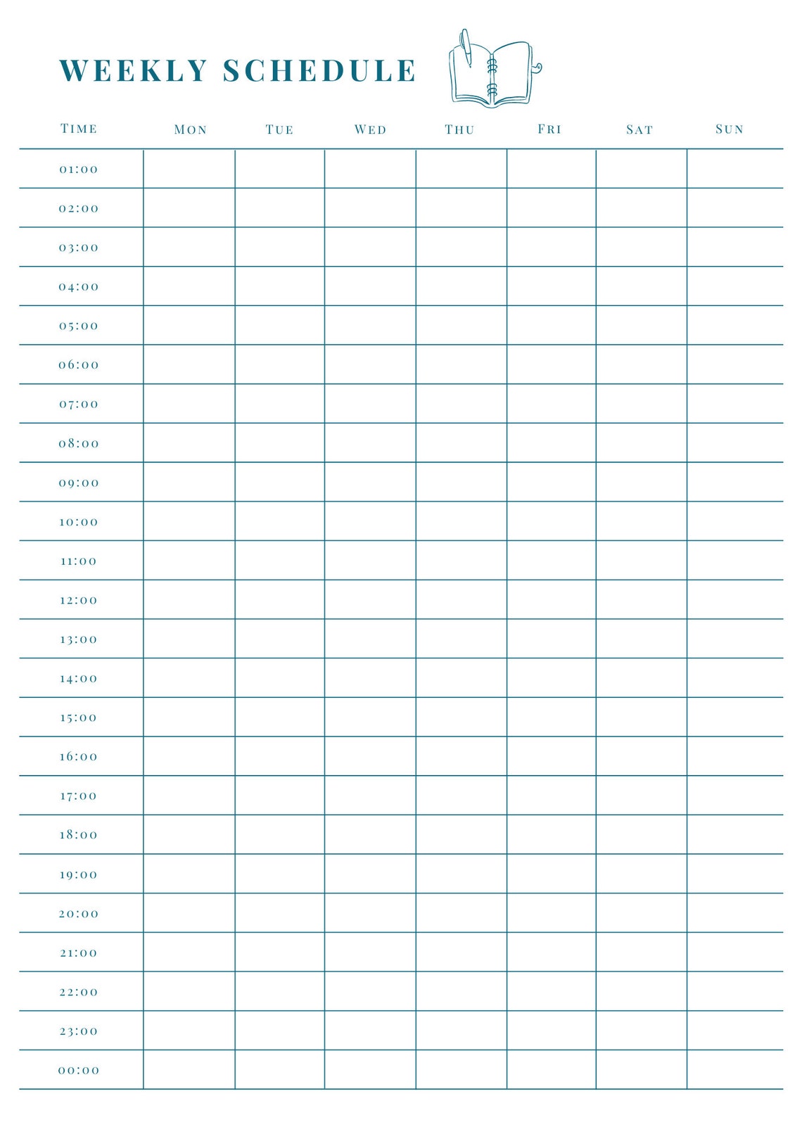 Weekly 24 Hour Schedule Weekly Planner Digital Instant - Etsy