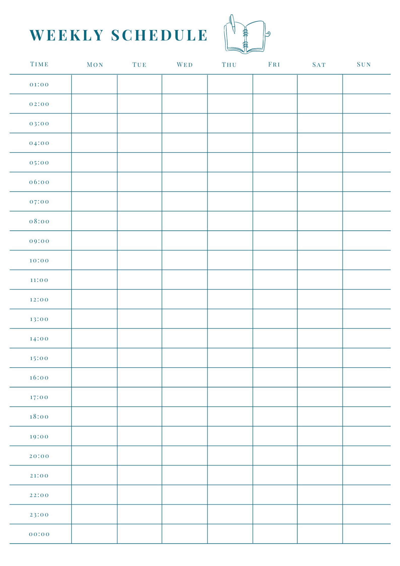 Weekly 24 Hour Schedule Weekly Planner Digital Instant - Etsy