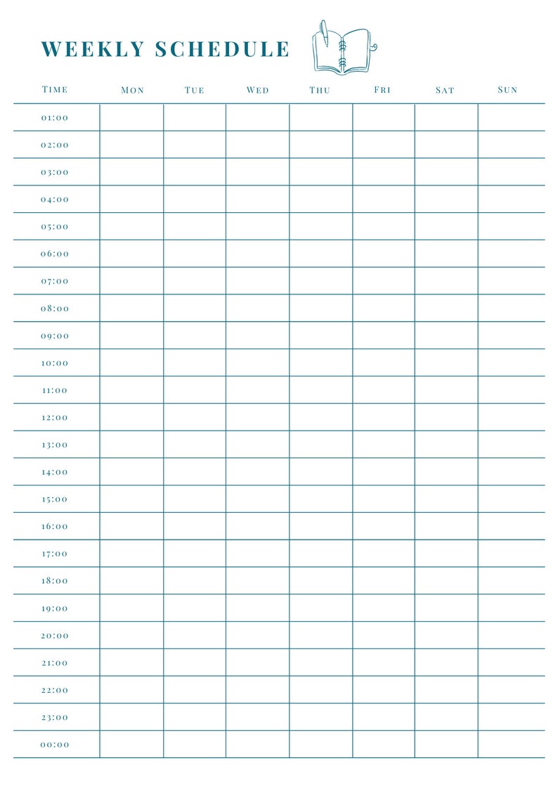 Weekly 24 Hour Schedule Weekly Planner Digital Instant - Etsy