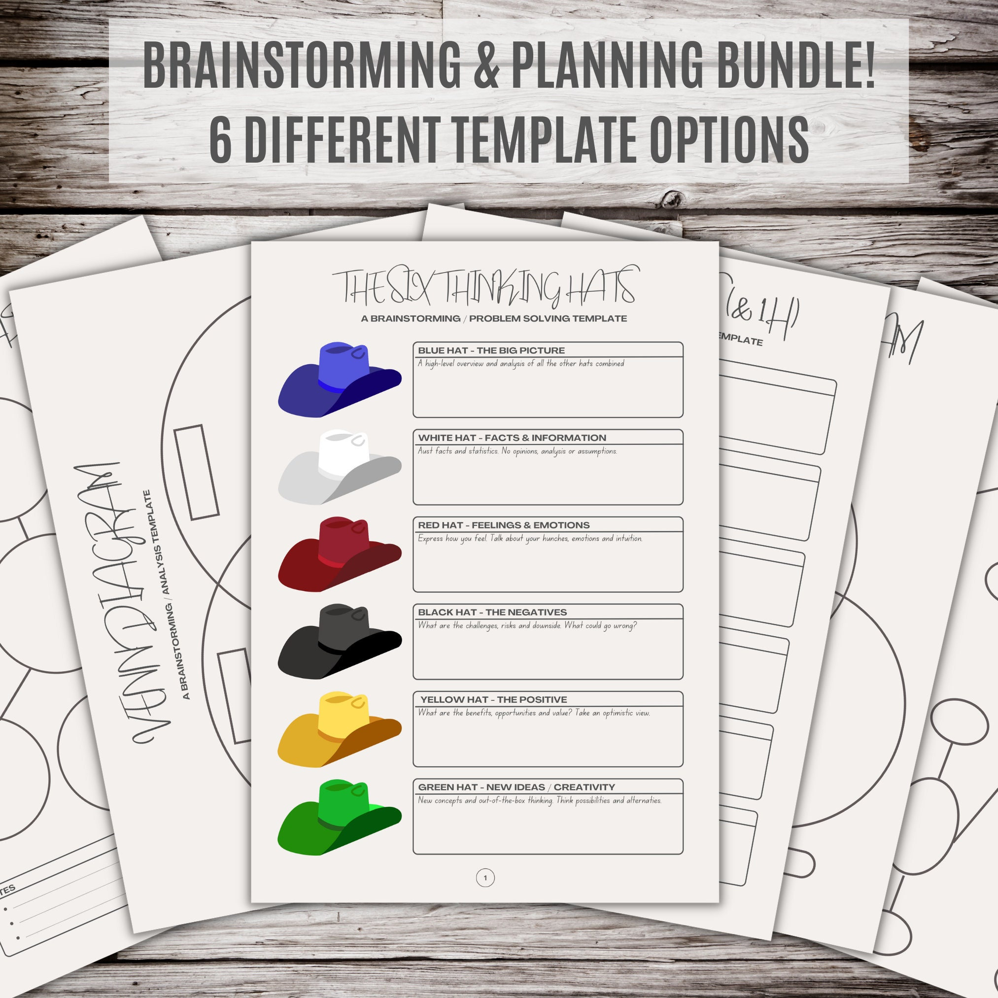 Brainstorming Template Bundle | 6 Thinking Hats 5 Ws Mindmaps Venn ...