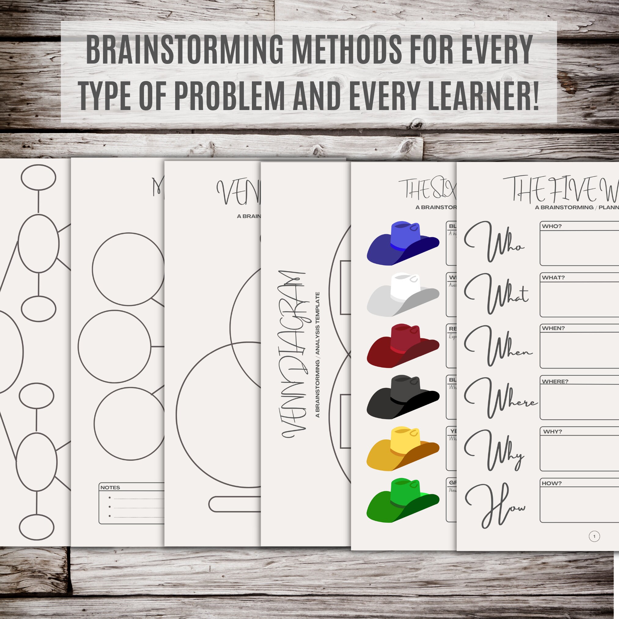 Brainstorming Template Bundle | 6 Thinking Hats 5 Ws Mindmaps Venn ...