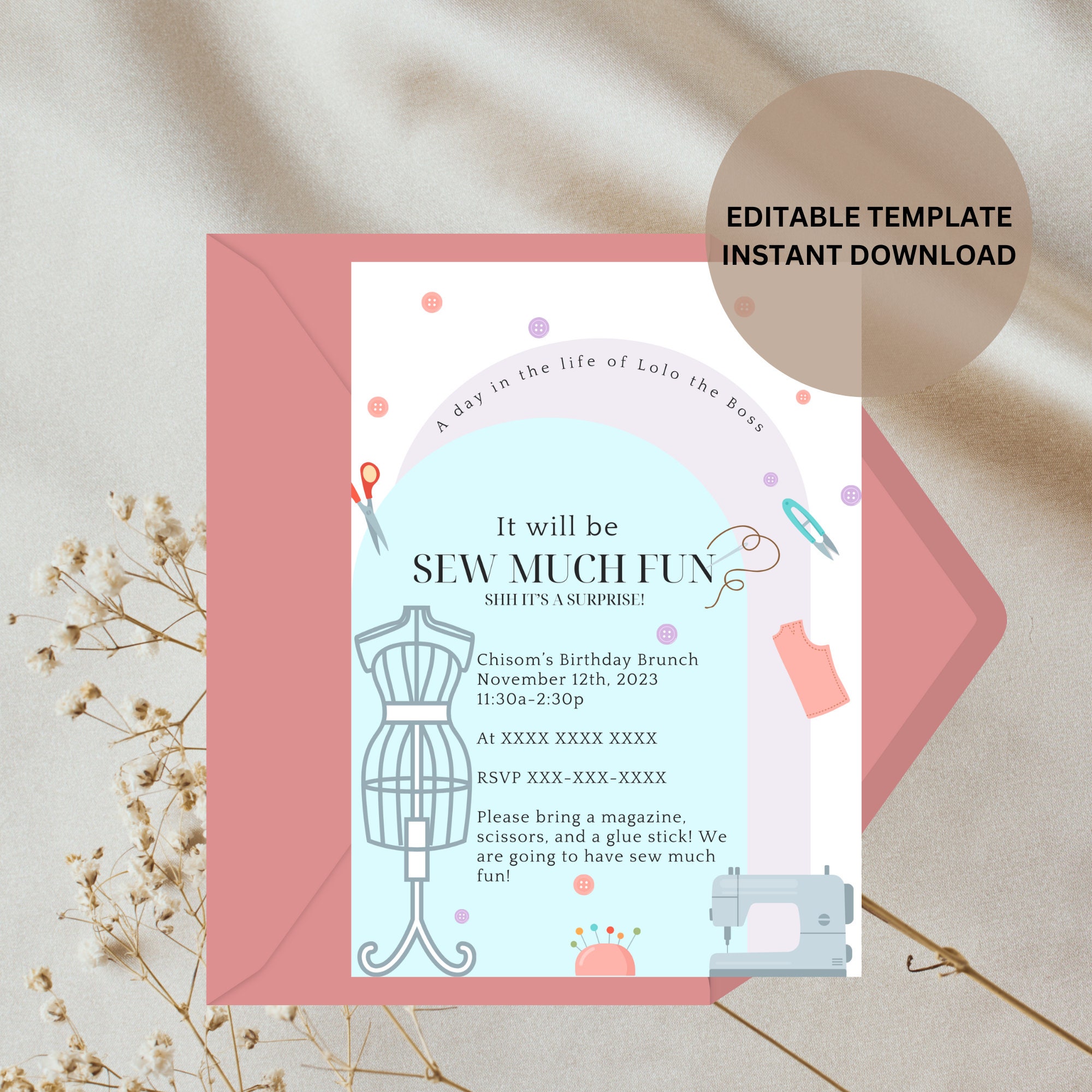 Sewing Party Invitations CANVA Template | Kids Birthday Party ...