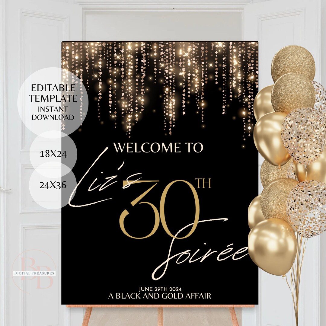 Black and Gold Welcome Sign - Editable CANVA Template | Luxury Birthday ...