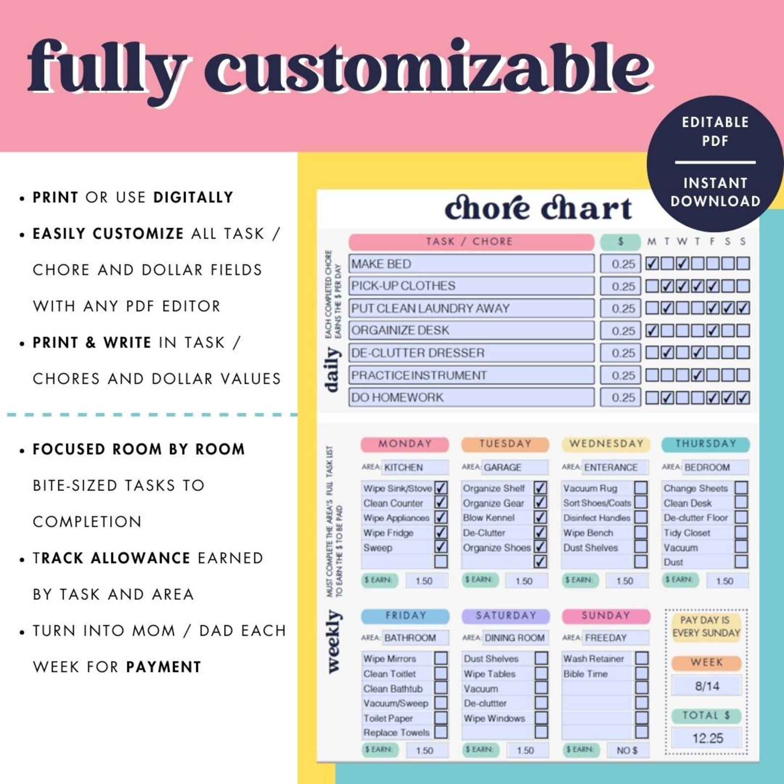 Daily Weekly Chore Chart, Editable Cleaning Planner, Cleaning Checklist ...