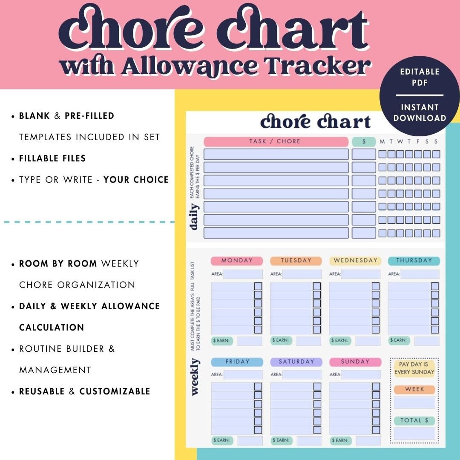 Daily Weekly Chore Chart, Editable Cleaning Planner, Cleaning Checklist ...