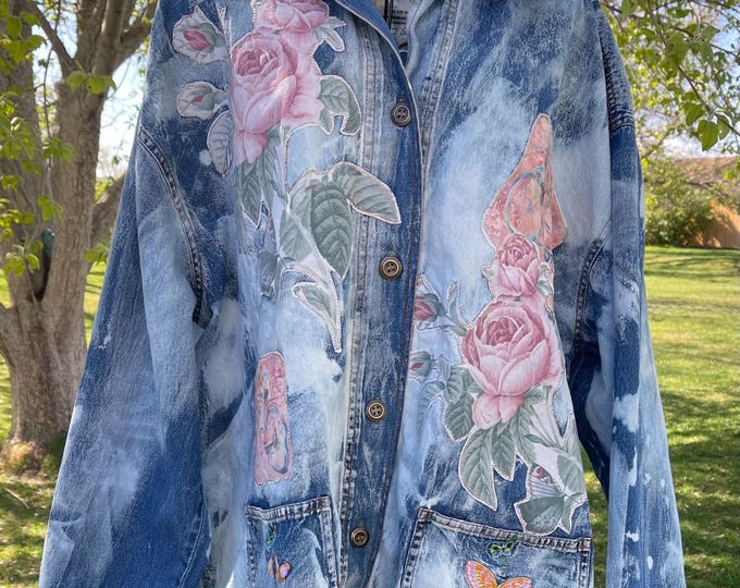 2XL Rustic Denim Flower Butterfly Summer Jacket, Upcycling Handmade ...