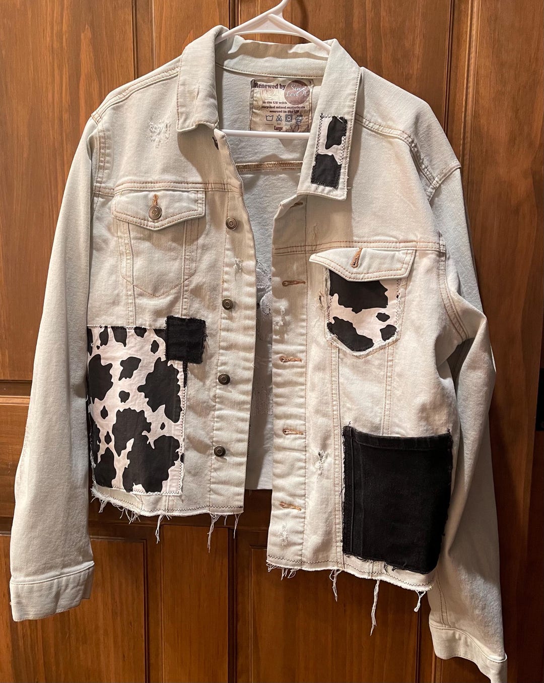 Rustic Boho Cow and Cowhide Denim Jacket, Upcycling Handmade Sew ...