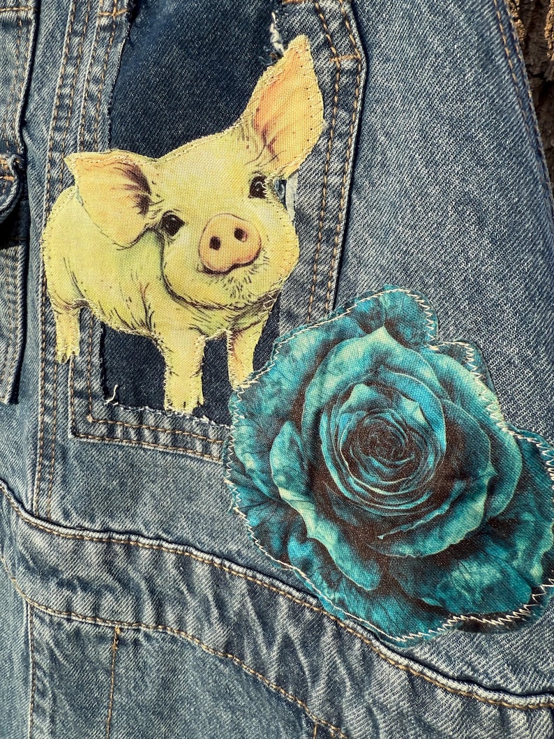 42" Waist X 28" Upcycled Appliqued Denim Bib Overalls: Large Boyfriend ...