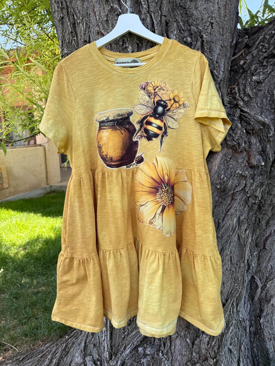 XL Upcycled Mustard Yellow Bee T-shirt Maxi Dress: Comfortable ...