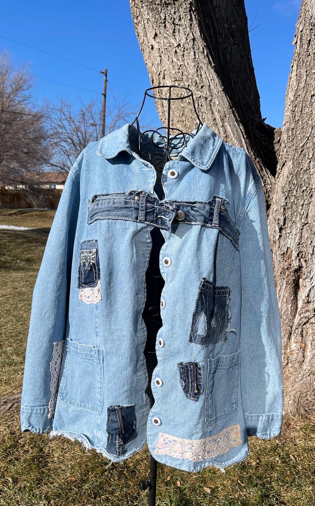 Rustic Denim Jacket Patchwork, Upcycling Handmade, Sew, Sustainable ...