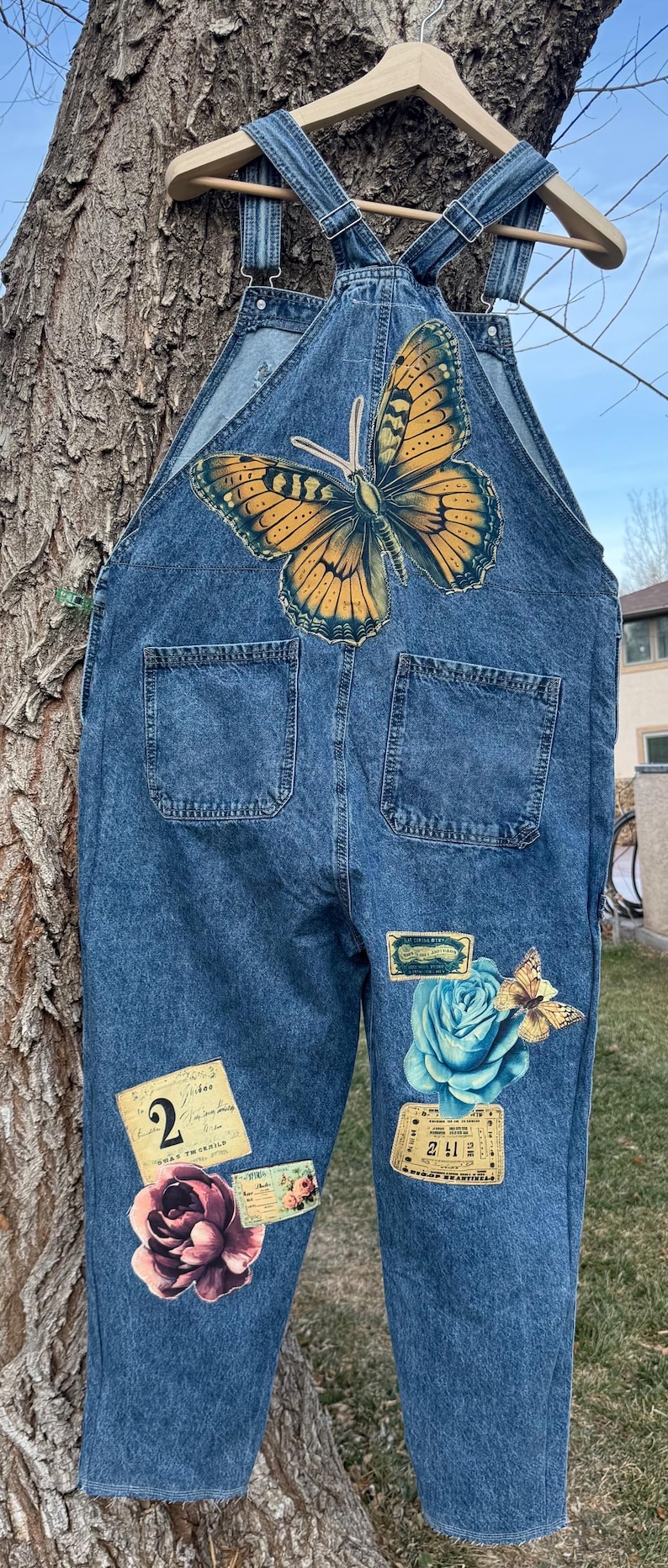 44" Waist X 28" Upcycled Appliqued Denim Bib Overalls: Lg-xl Boyfriend ...