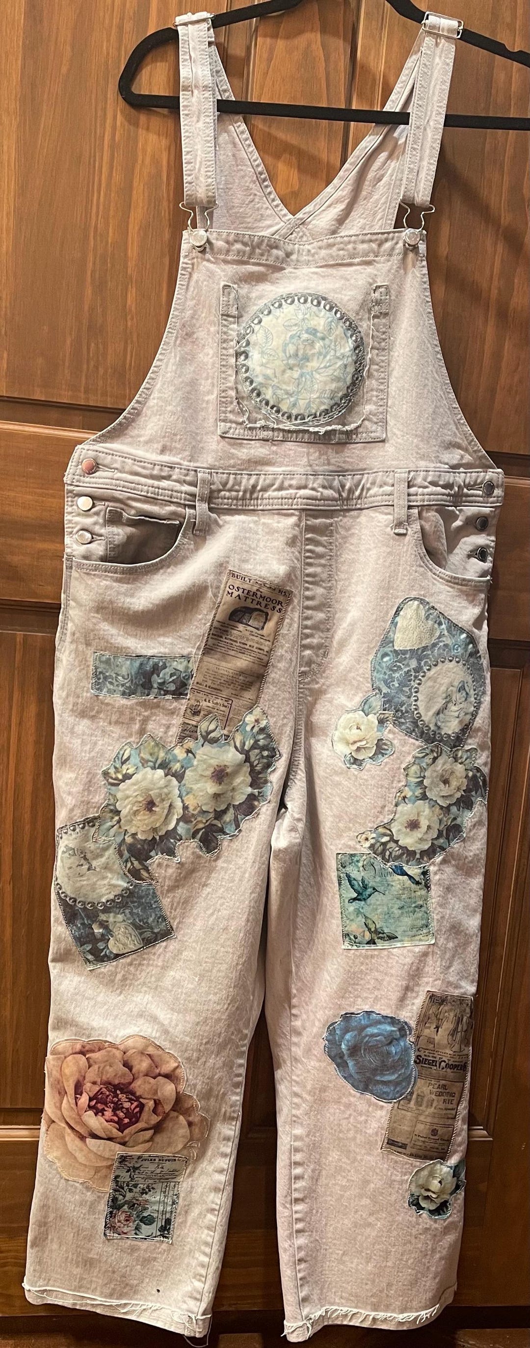 Large Applique Denim Jeans Bib Overalls, Upcycling Handmade Oversized ...