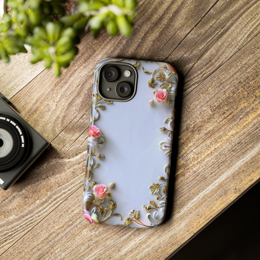 3D Pink Flowers and Gold Accents Frame Phone Case, iPhone 15 14 13 12 ...