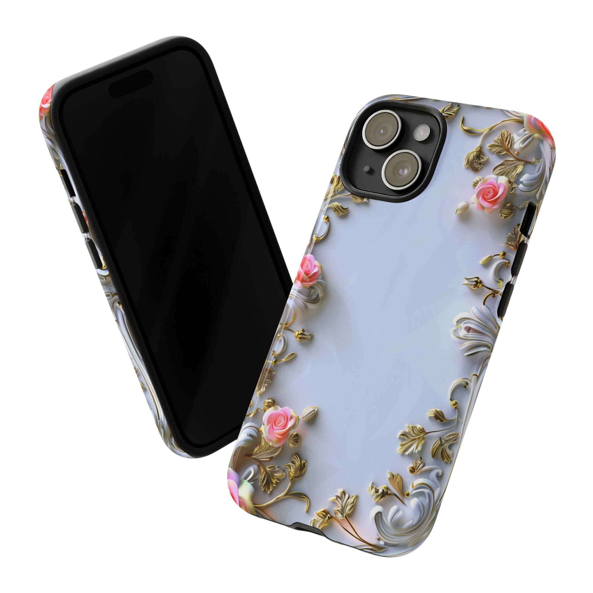 3D Pink Flowers and Gold Accents Frame Phone Case, iPhone 15 14 13 12 ...