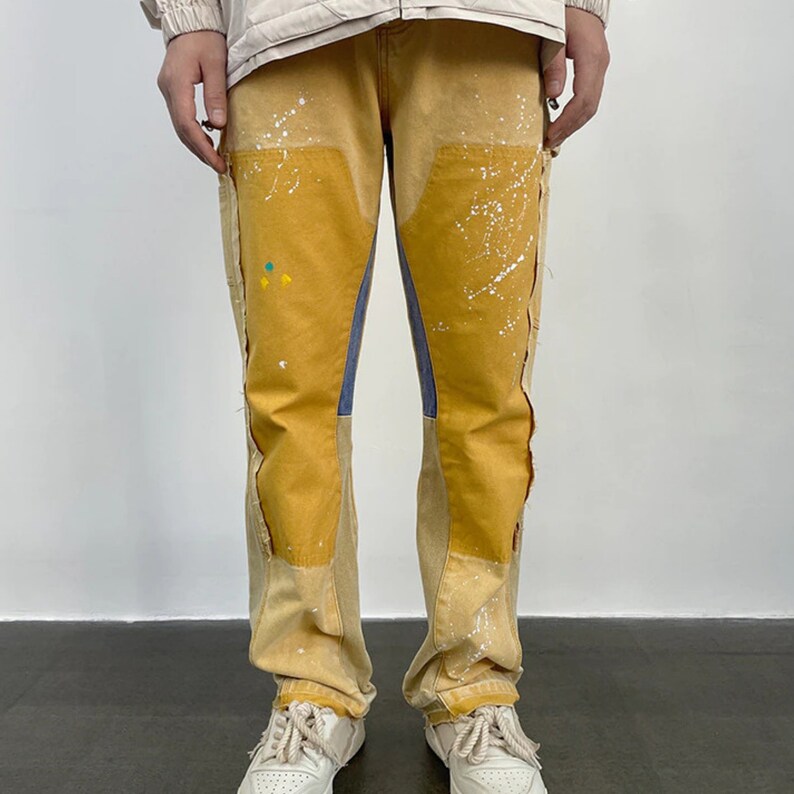 Flared Jeans Paint Splatter Wide Leg Denim Pants Mens Flare - Etsy
