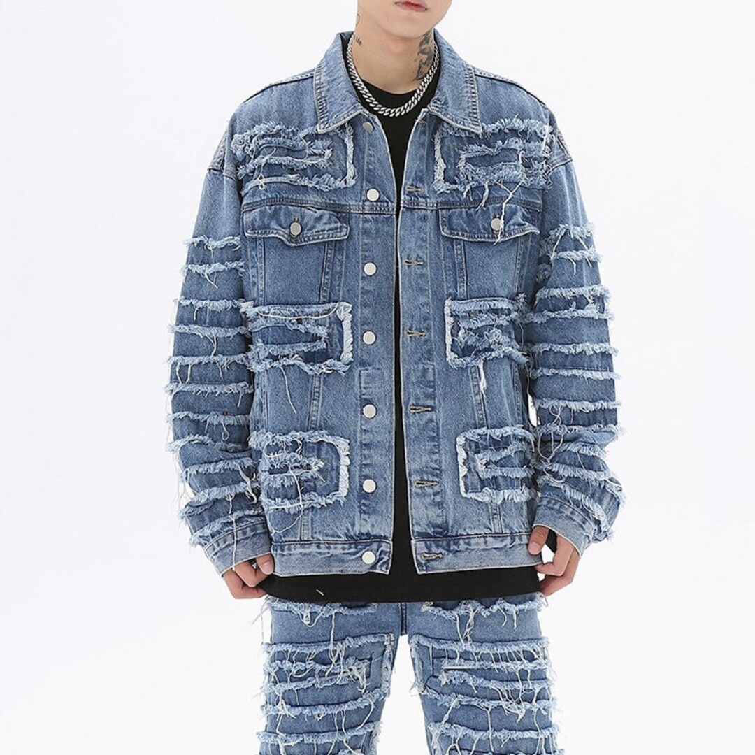Distressed Stacked Blue Jean Jacket Mens Distressed Denim - Etsy