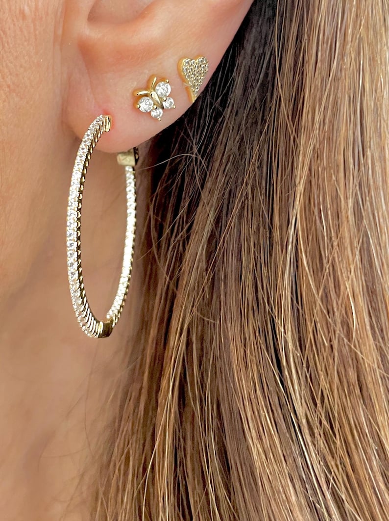 Large Gold Diamond Hoop Earrings, Big Oval Cubic Zirconia Hoops, Thin ...