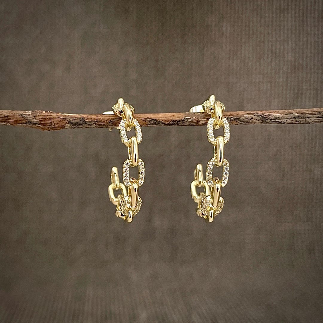 Gold Chain Link Hoop Earrings, Big Cubic Zirconia Diamond Hoops, Chain ...
