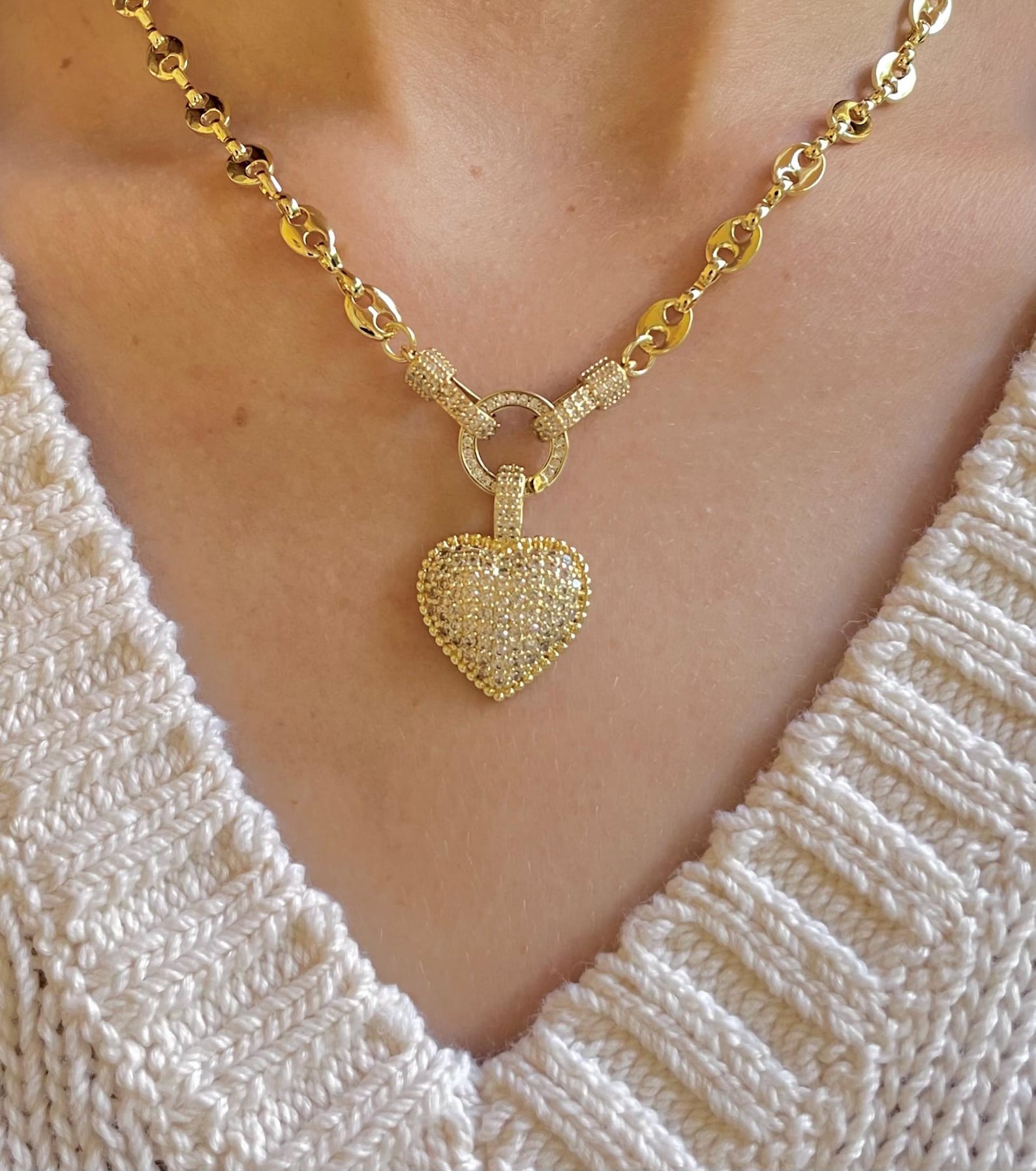Puff Heart Necklace, Diamond Heart Necklace, Pave Diamond Necklace ...