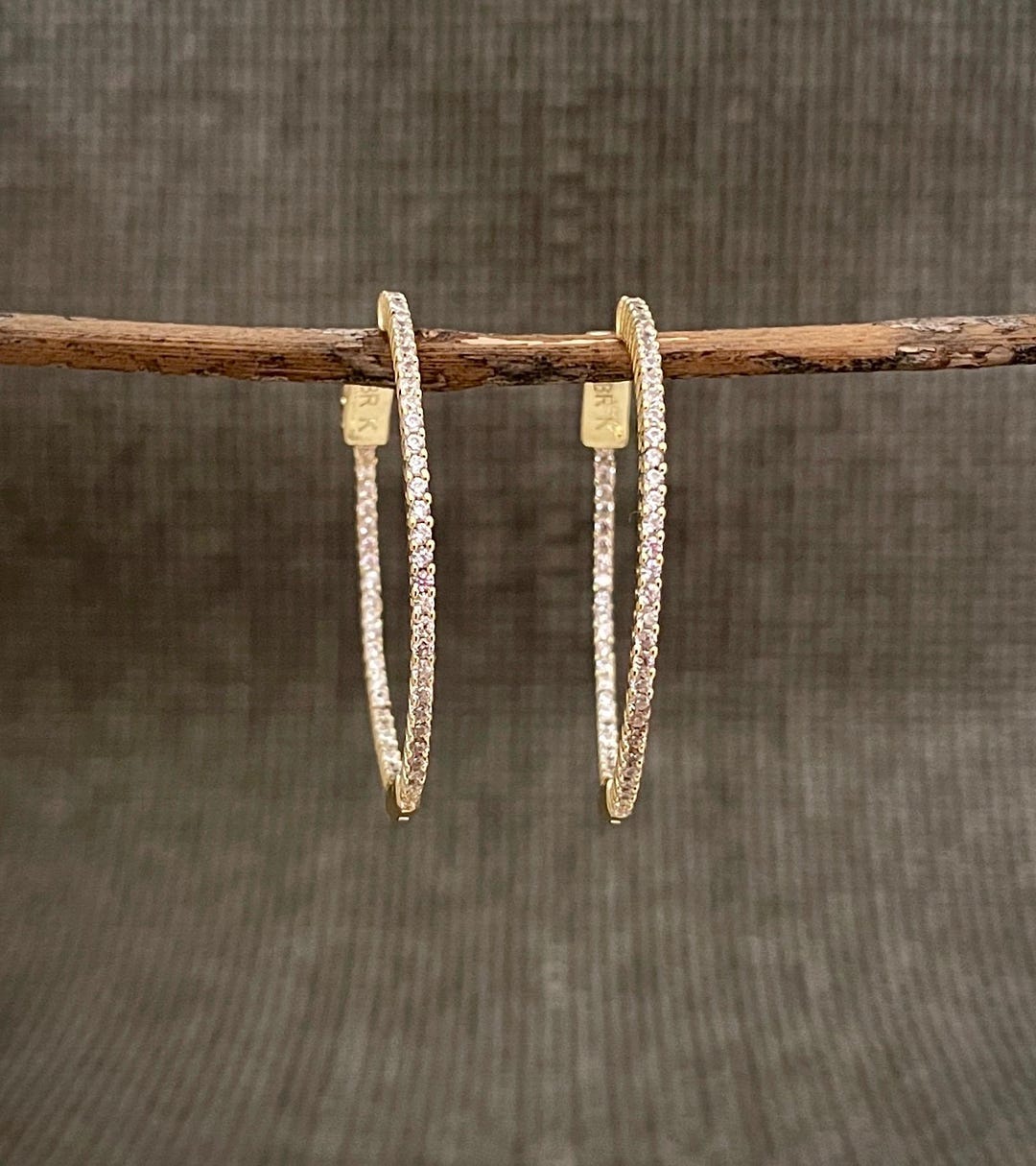 Large Gold Diamond Hoop Earrings, Big Oval Cubic Zirconia Hoops, Thin ...