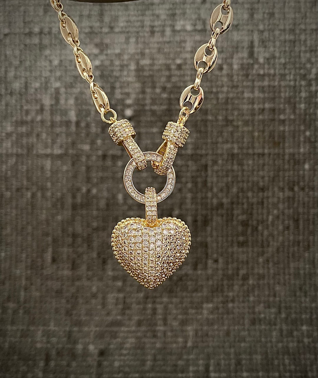 Puff Heart Necklace, Diamond Heart Necklace, Pave Diamond Necklace ...