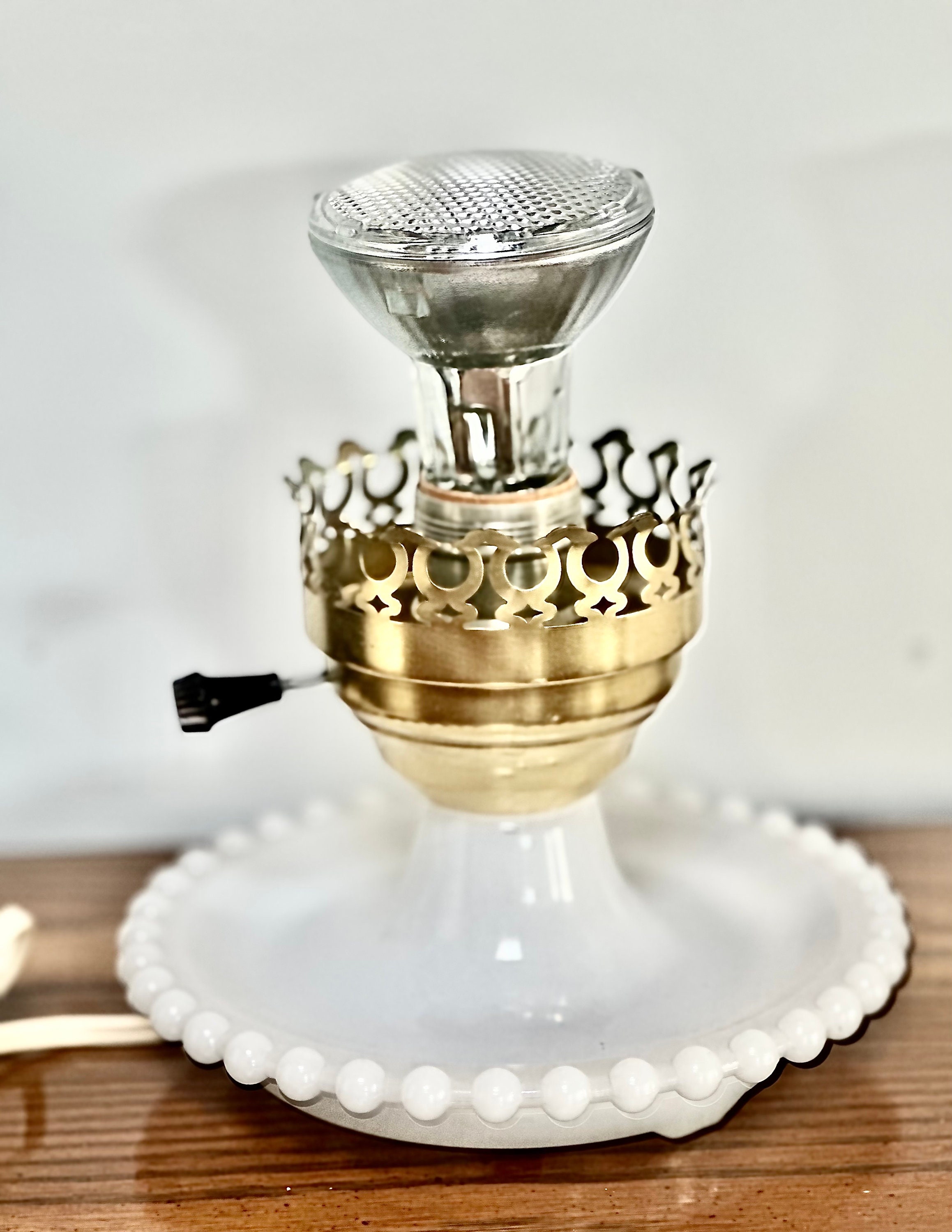 Vintage Milk Glass Electric Bedside Lamp With Hobnail Hurricane Shade ...