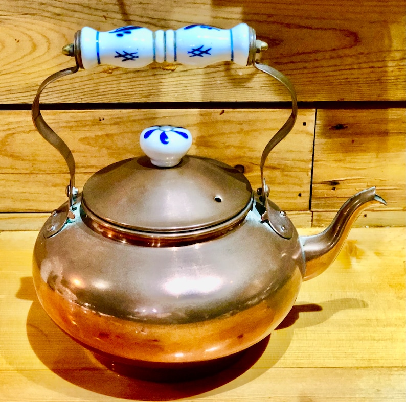 Vintage Copper Tea Pot Kettle Porcelain Delft Handle & Knob - Etsy